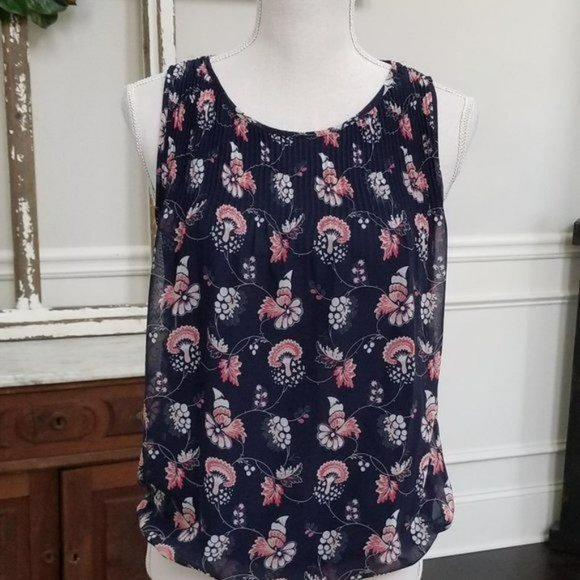 Max Studio | Tops | Max Studio Sleeveless Sheer Navy Top Floral Print ...